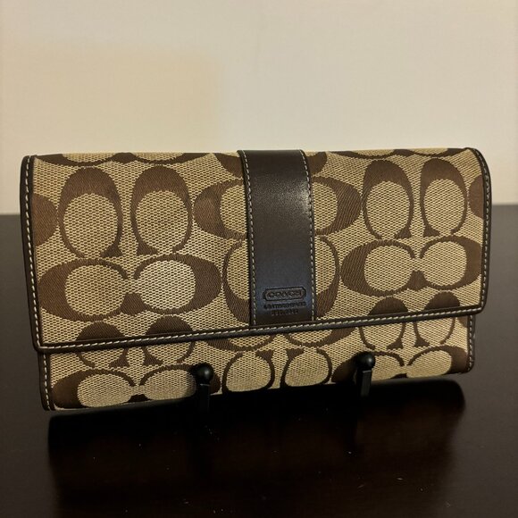 Coach | Bags | Coach Signature Brown Jacquard Brown Leather Checkbook ...